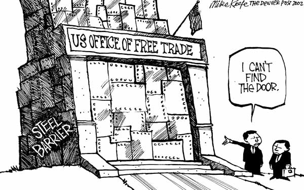 Free Trade - Mike Keefe Political Cartoon, 03/08/2002