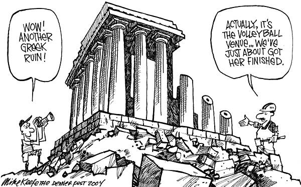 Ready in Athens - Mike Keefe Political Cartoon, 08/13/2004
