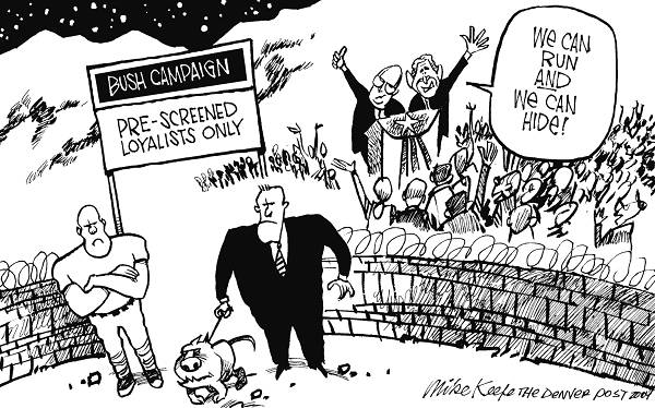 Pre-Screened Loyalists - Mike Keefe Political Cartoon, 10/28/2004